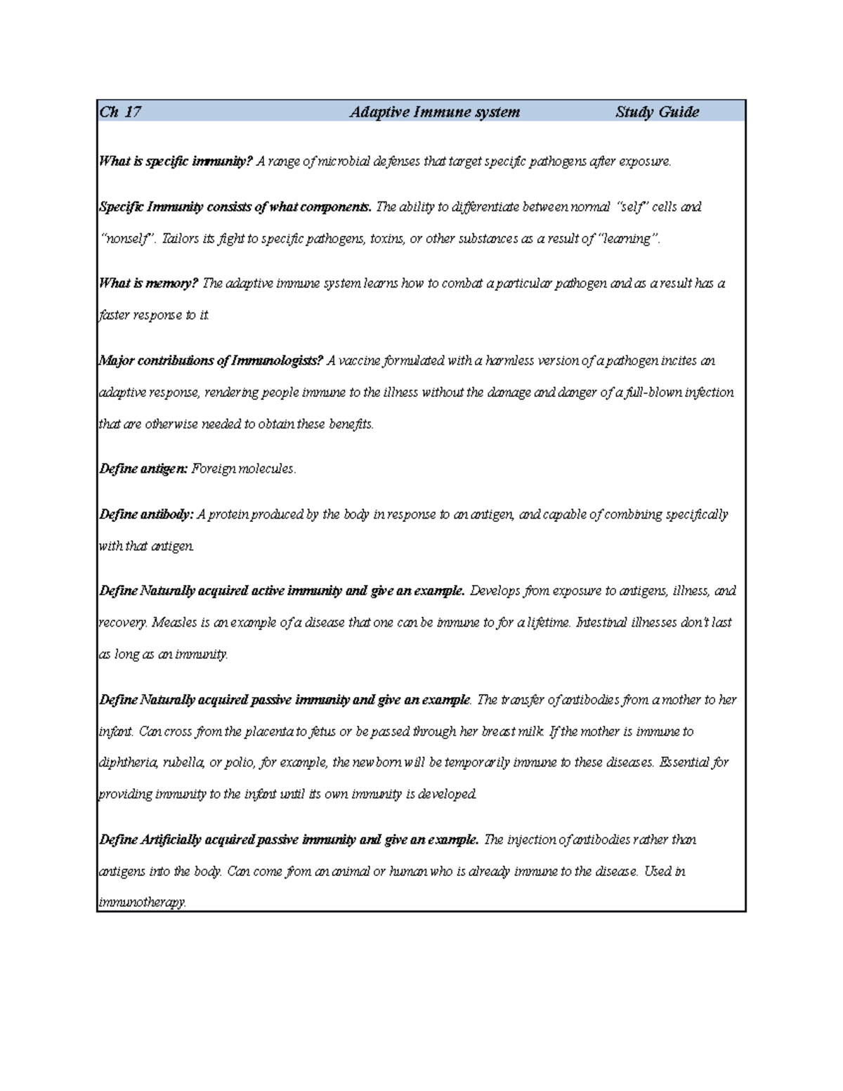 Ch 17 Adaptive Immunity study guide - Ch 17 Adaptive Immune system ...