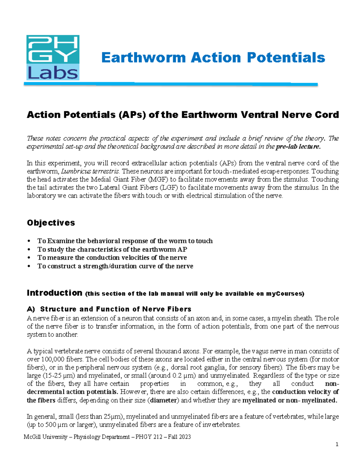 Earthworm AP Lab Manual Fall 2023 - McGill University – Physiology ...