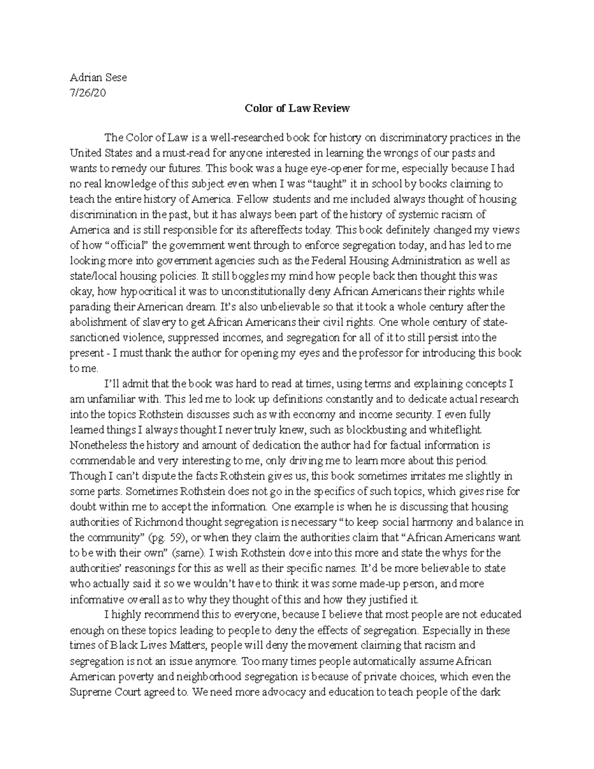 The Color of Law Summary and Review - Adrian Sese 7/26/ Color of Law ...