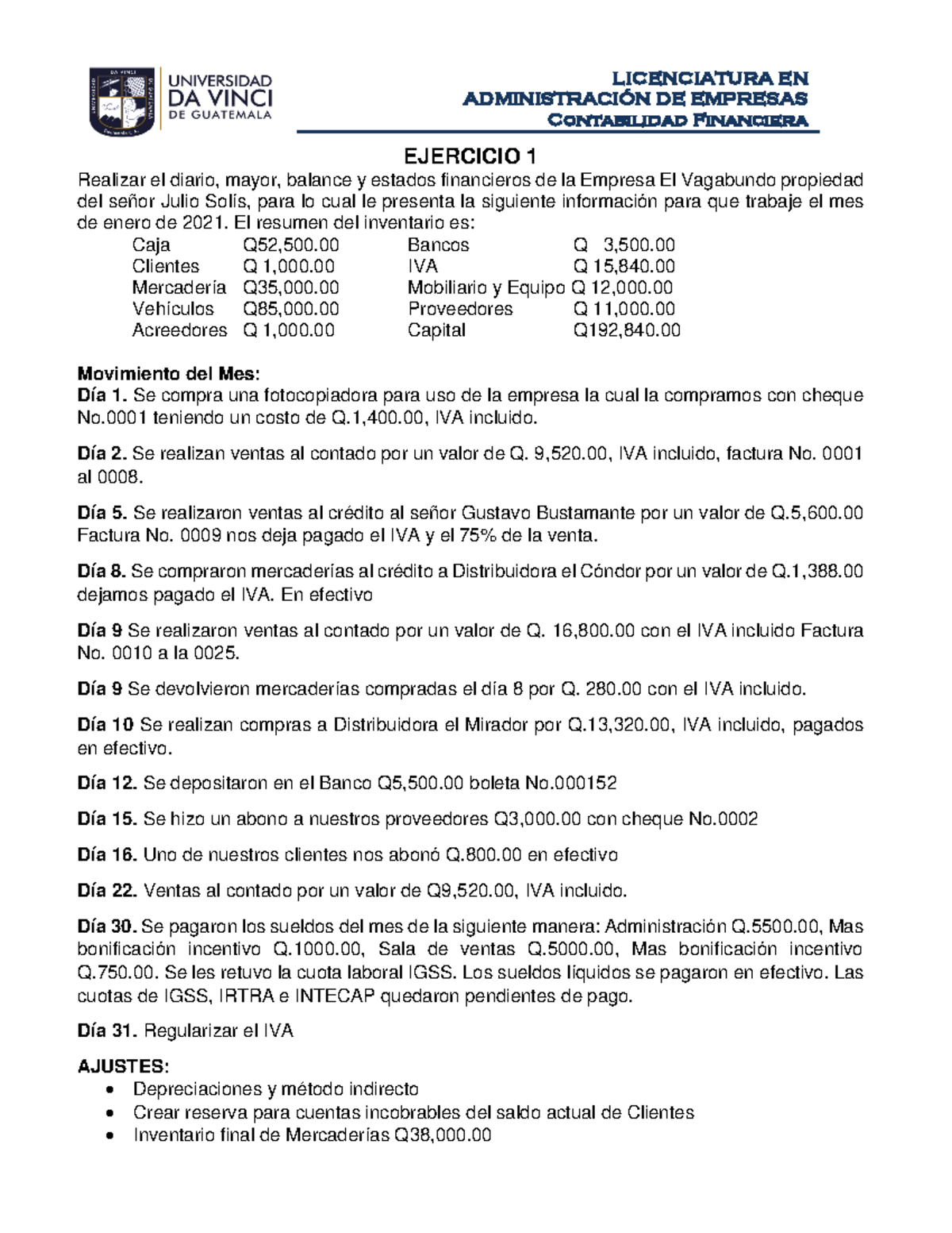 Ejercicio diario,mayor y balance - LICENCIATURA EN ADMINISTRACI”N DE ...