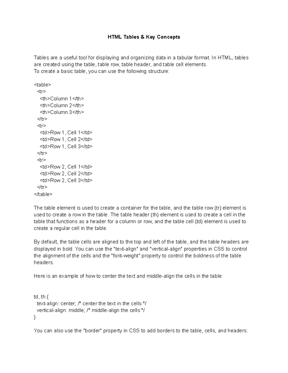 Web dev notes 9 - rusu - HTML Tables & Key Concepts Tables are a useful ...