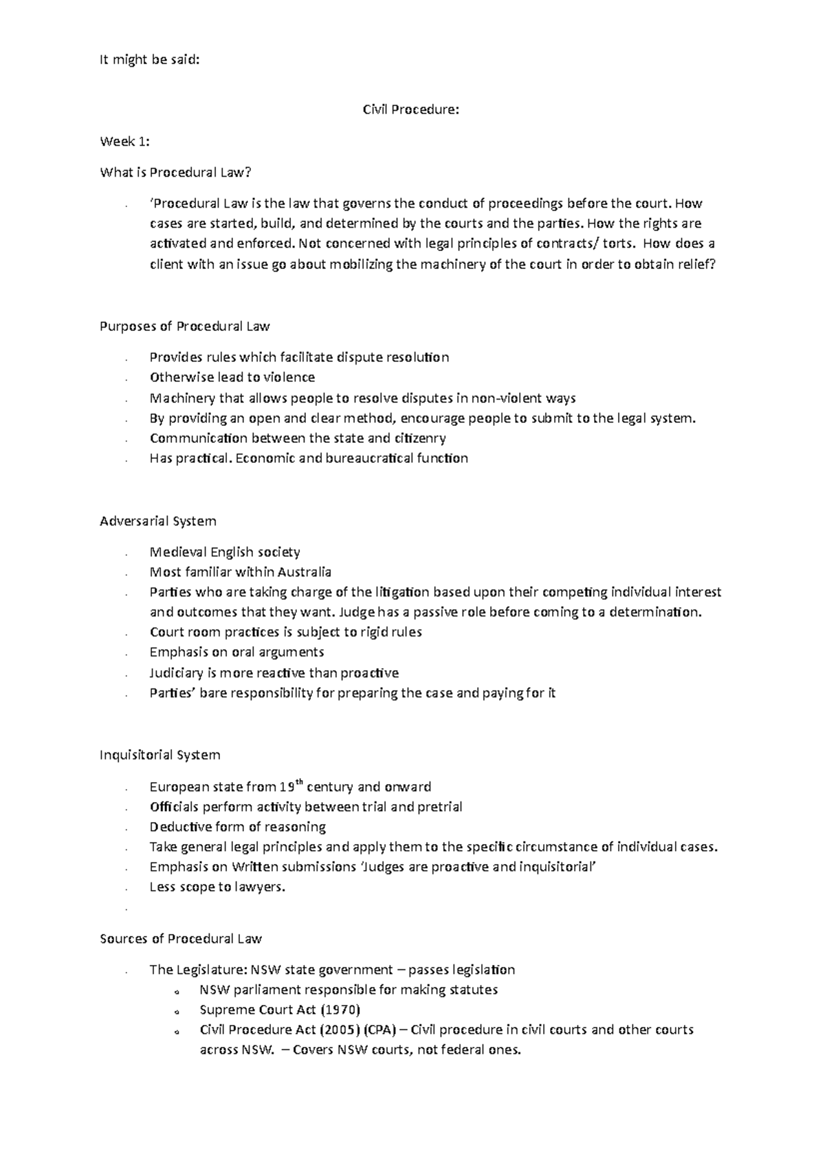 Civil Procedure - Civil Procedure: Week 1: What is Procedural Law ...