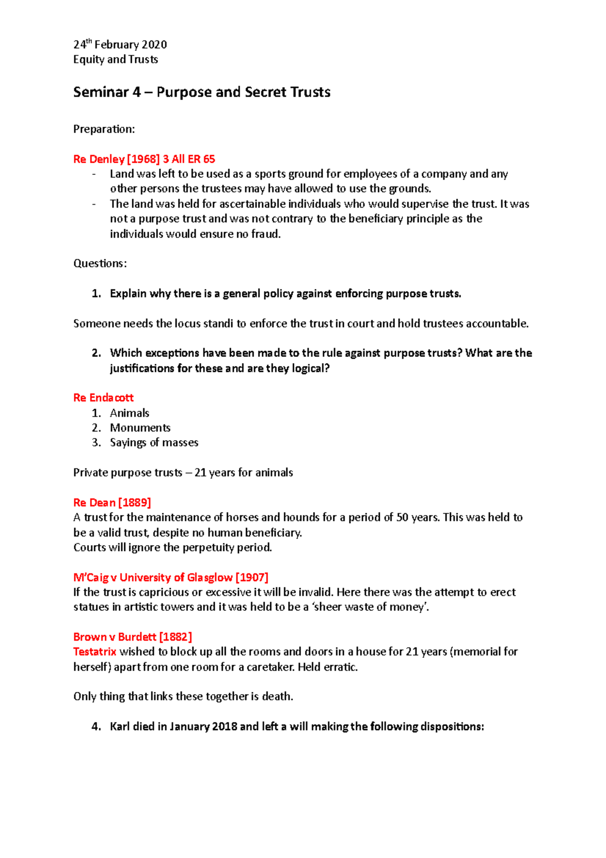 S4 - Purpose - Lecture notes 4 - Equity and Trusts Seminar 4 – Purpose ...