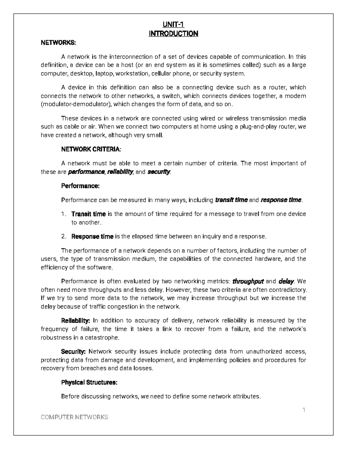 Computer Network Notes Which Contains Unit 3 Unit 4 Unit 5 1 Unit 1 Introduction Networks