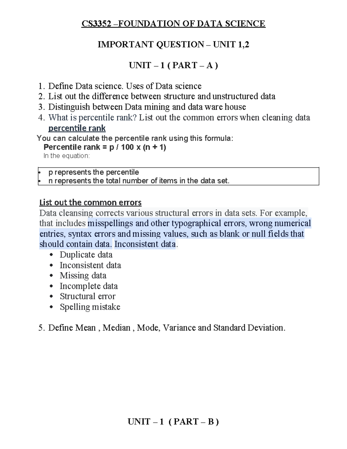 CS3352-FDS-IAT 1 - Foundation of data science - CS3352 –FOUNDATION OF DATA SCIENCE IMPORTANT ...