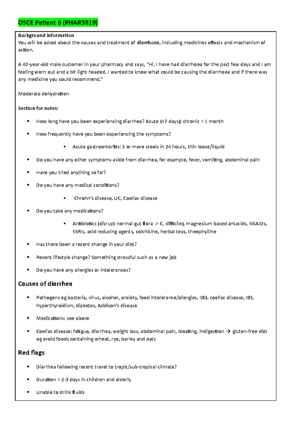 OSCE notes - resources to prepare for osce - OSCE Patient 6 (PHAR3819 ...