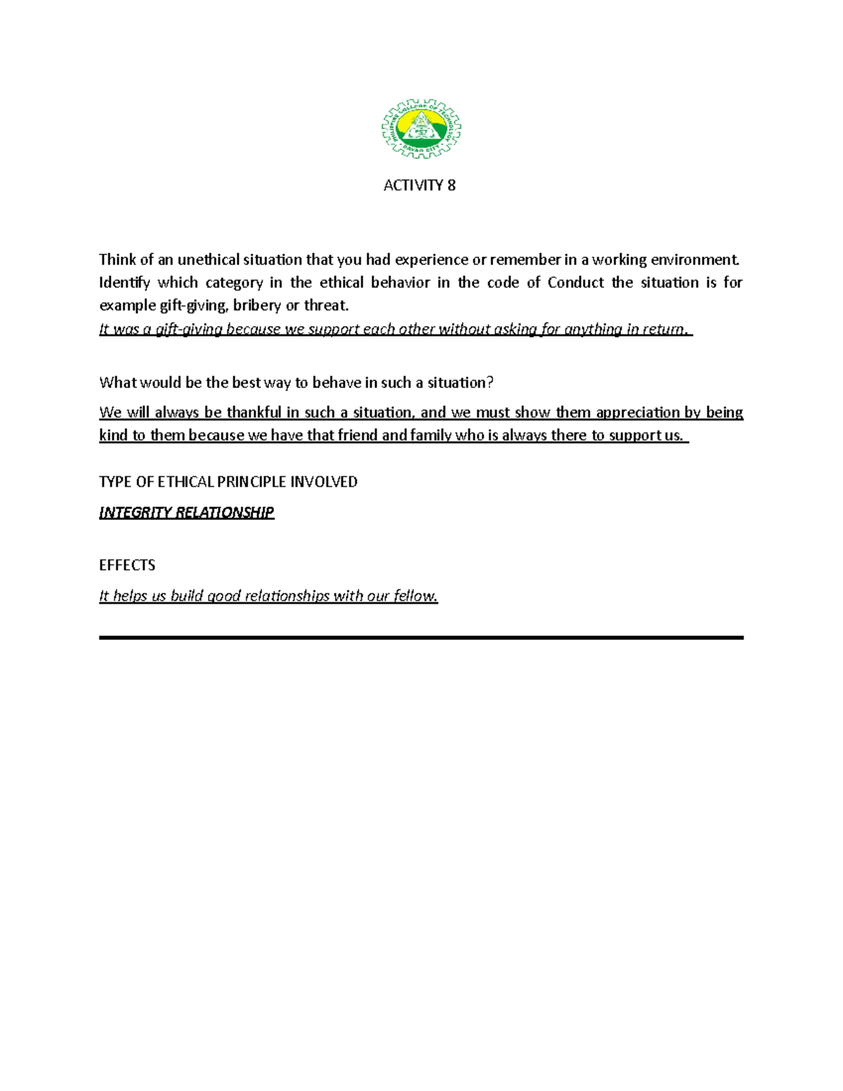 Activity 8 - Be thankful for everything you have. keep learning and be ...