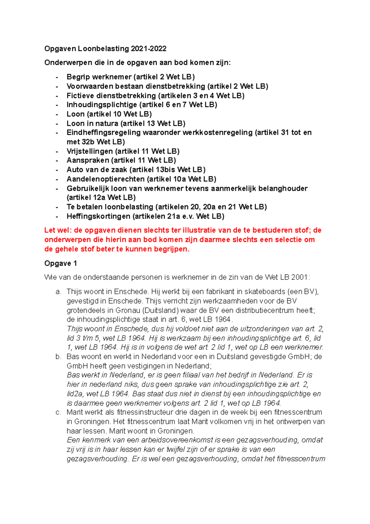 Opgaven Loonbelasting 2021-2022 - Inleiding Belastingrecht - RUG ...