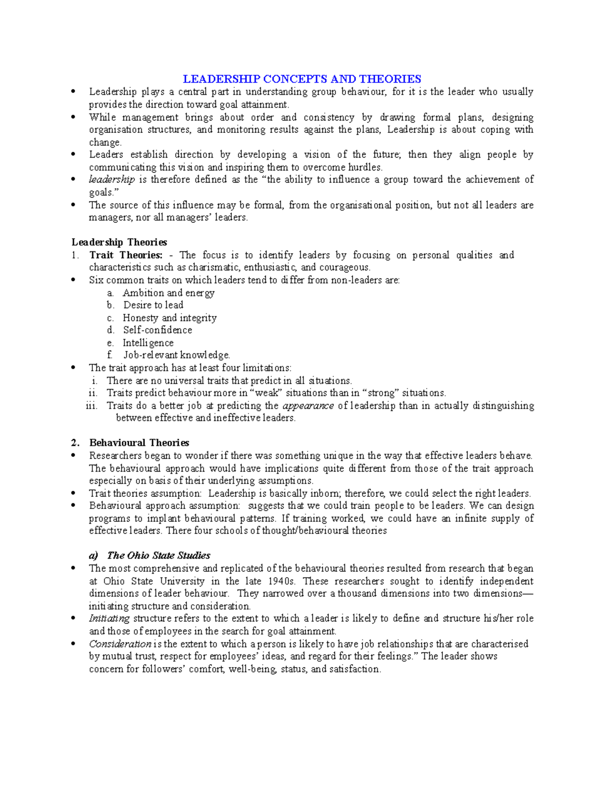 OB9 Leadership Concepts AND Theories summary - LEADERSHIP CONCEPTS AND ...