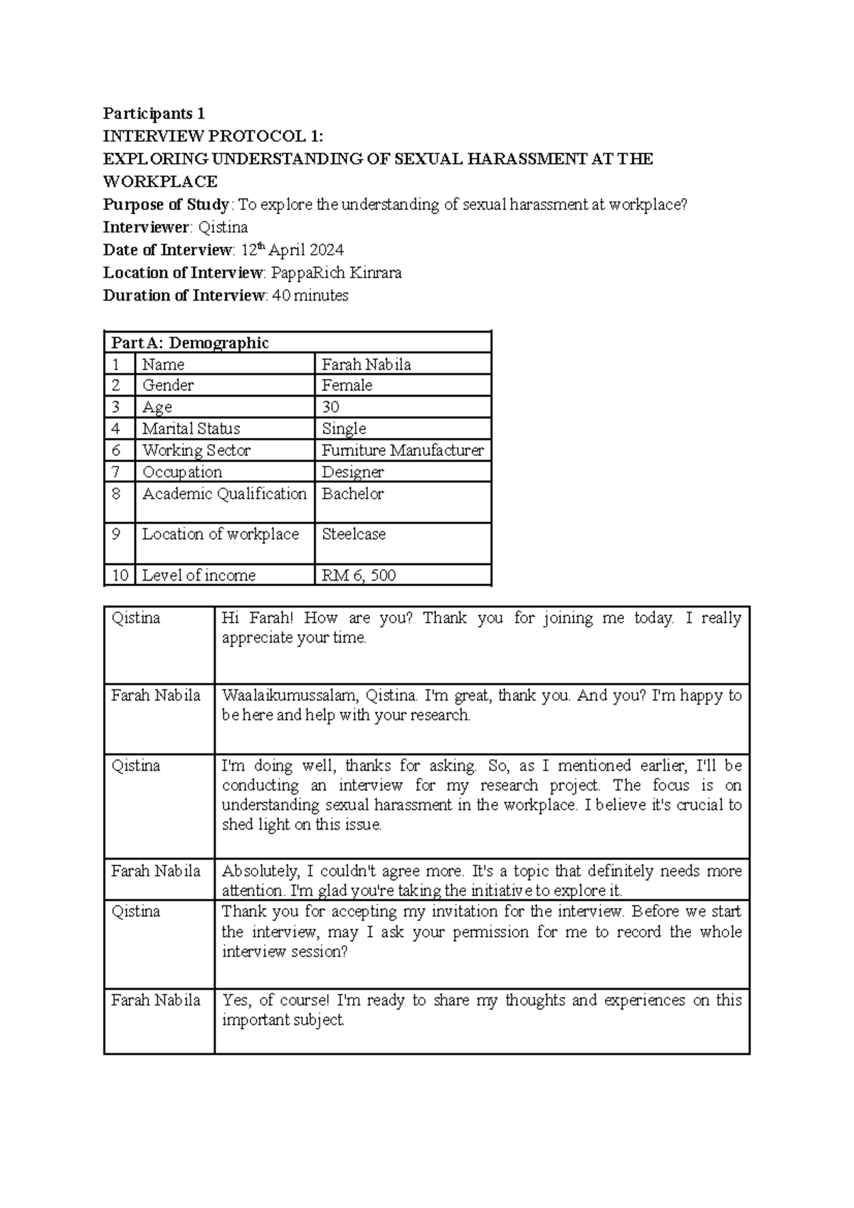 P1 (Qistina) - Interview Transcript - Participants 1 INTERVIEW PROTOCOL 1: EXPLORING ...