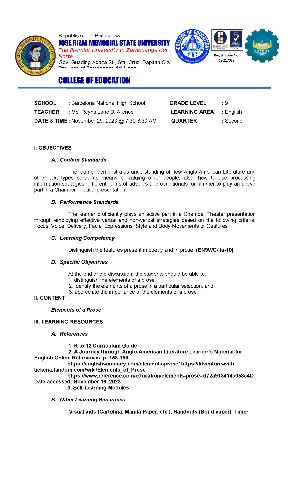 DLP Elements of a Prose - Awesome. - COLLEGE OF EDUCATION SCHOOL ...