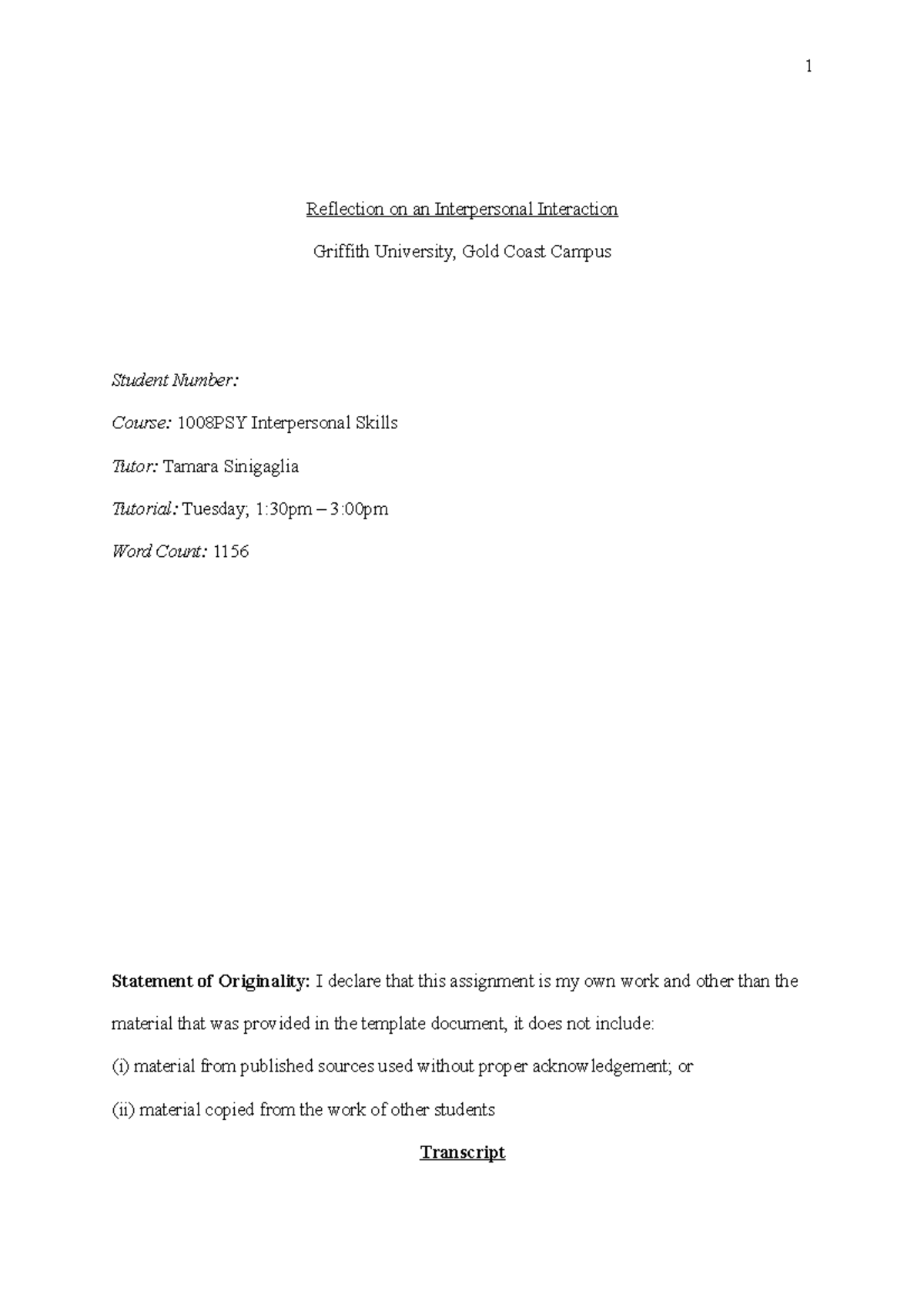Reflection on an Interpersonal Interaction - Key: Jessica = J, Lyndi ...