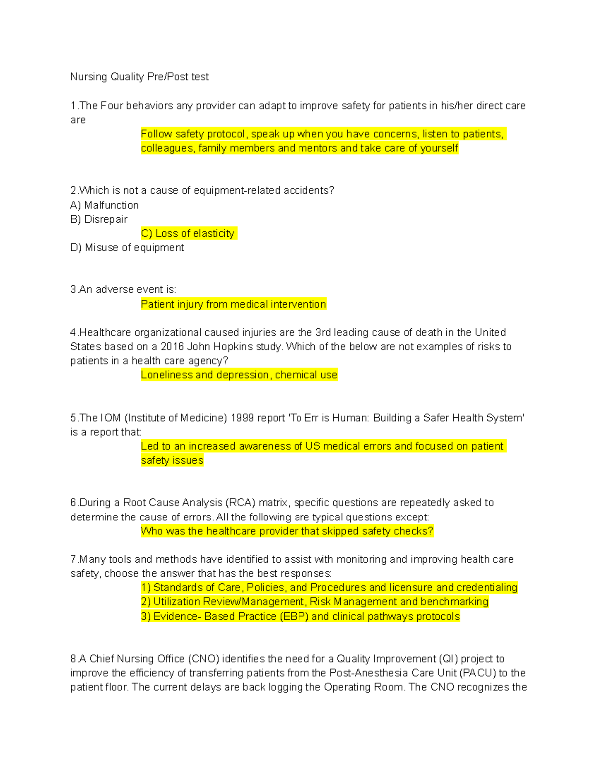 Nursing Quality and Safety - Nursing Quality Pre/Post test 1 Four ...