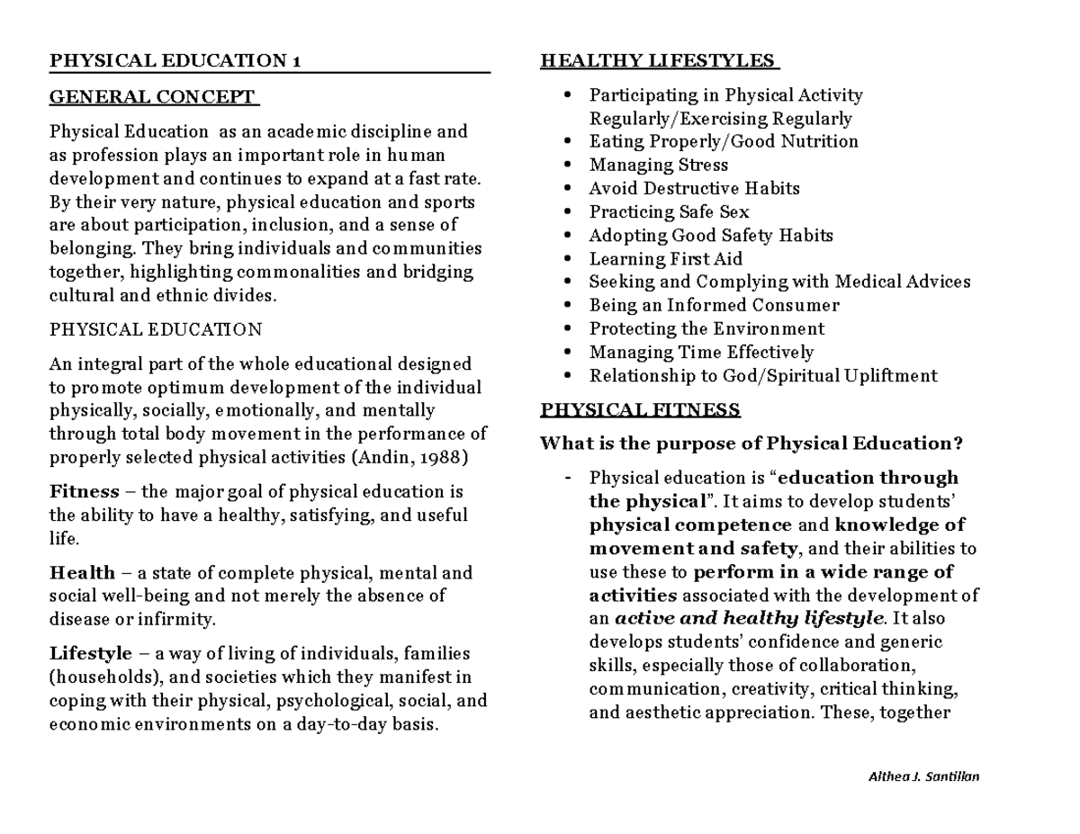 Physical Education 1 Reviewer - PHYSICAL EDUCATION 1 GENERAL CONCEPT ...