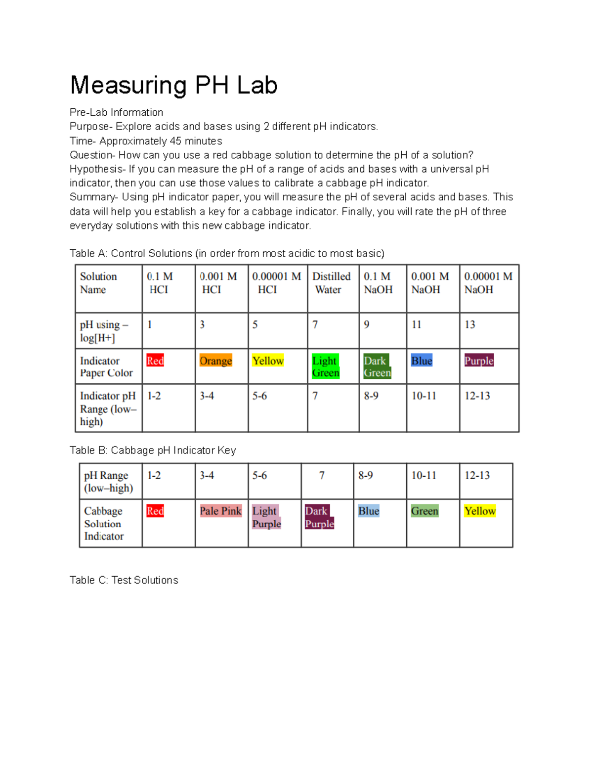 Measuring PH Lab - Measuring PH Lab Pre-Lab Information Purpose ...