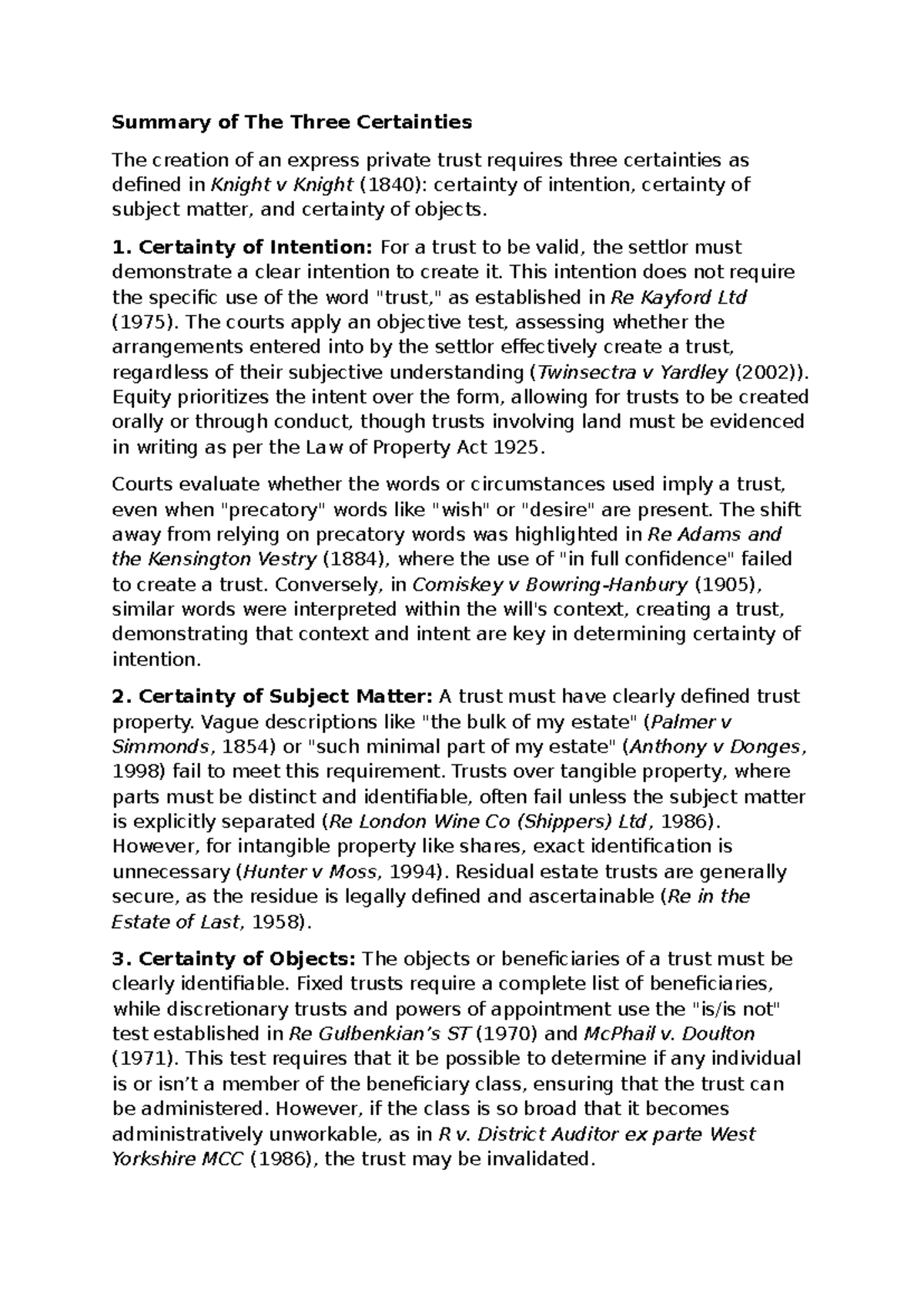 Summary of Three Certainties - Summary of The Three Certainties The creation of an express ...