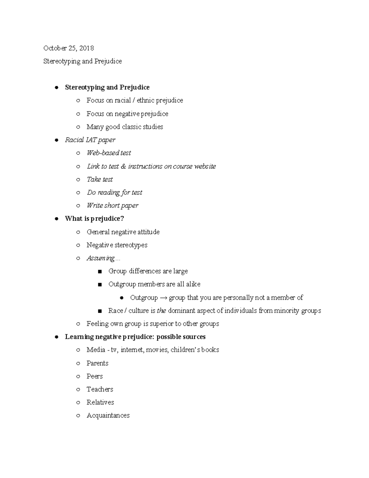 10/25/18 - social psych - stereotyping and prejudice - October 25, 2018 ...