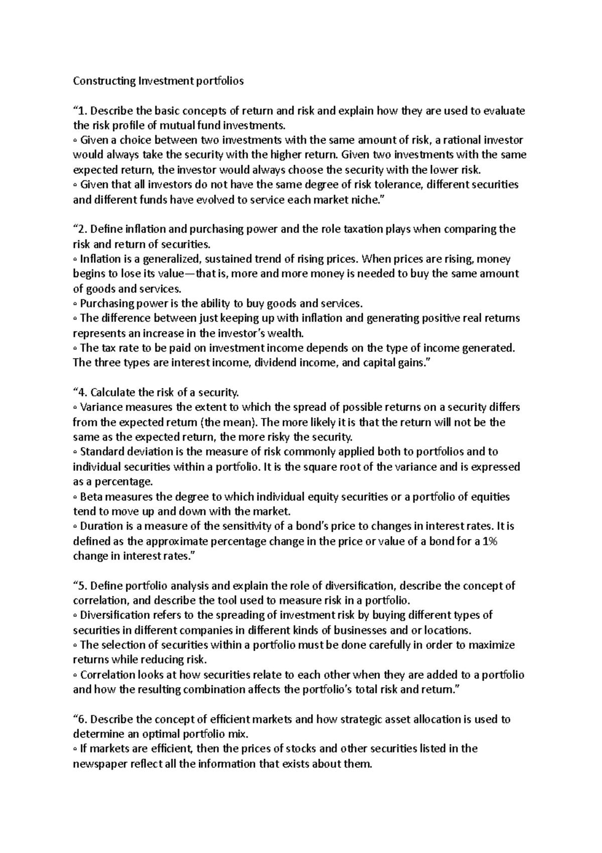 Constructing Investment portfolios - Describe the basic concepts of ...