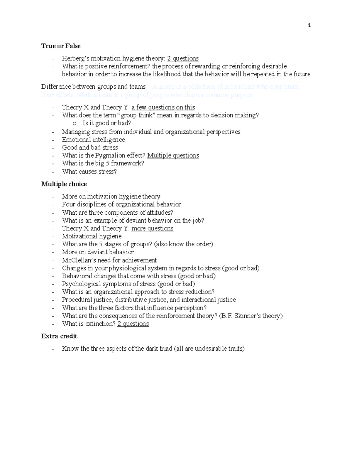 POM- study guide questions - 1 True or False - Herberg’s motivation hygiene theory: 2 questions ...