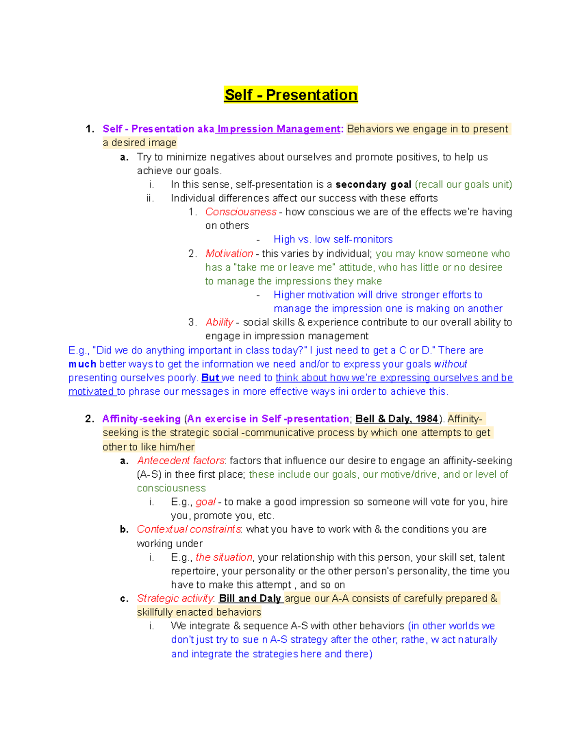 Interpersonal Notes 1- pt. 2 - Self - Presentation Self - Presentation ...