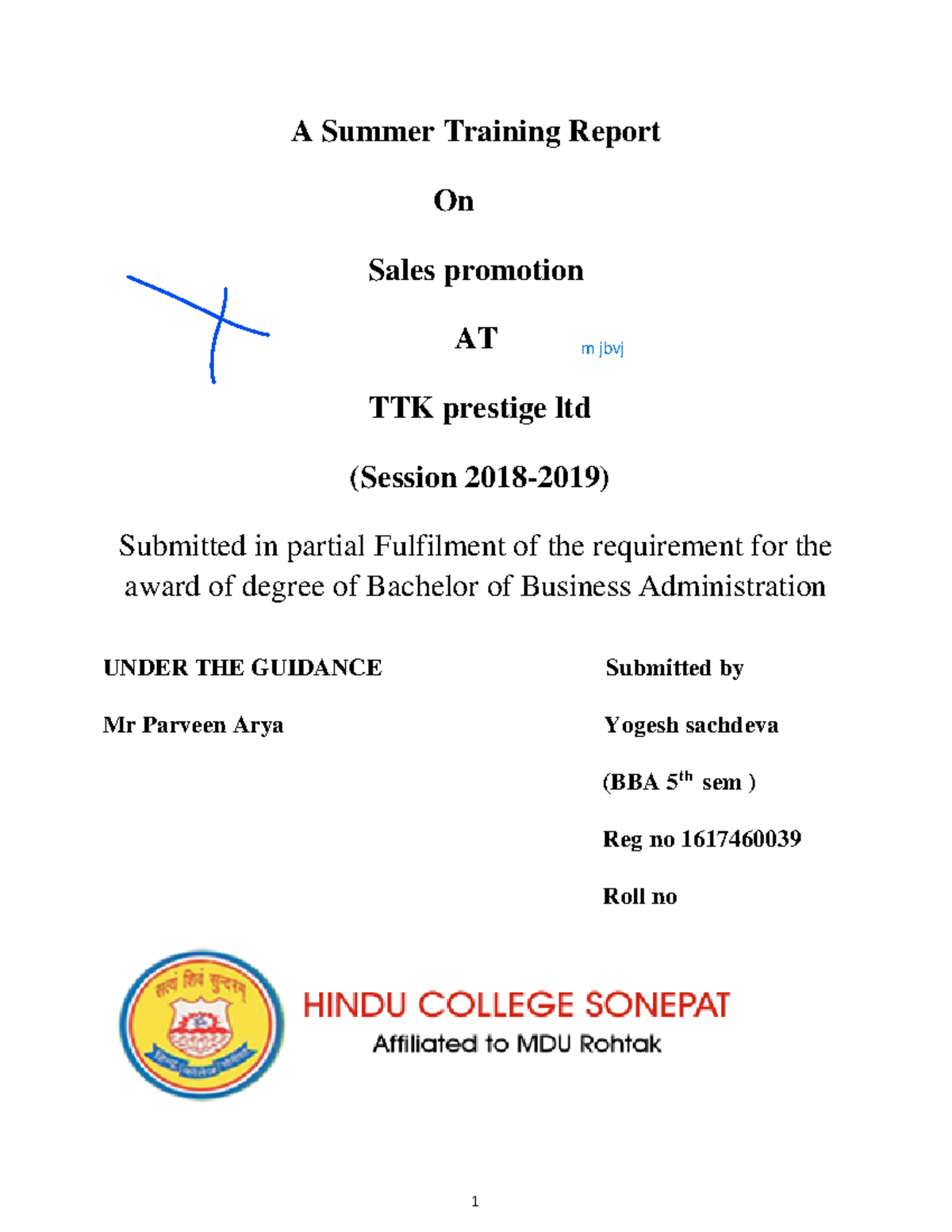 Summer training report - Yogesh sachdeva (Bba 5th sem) Particulars Sr ...