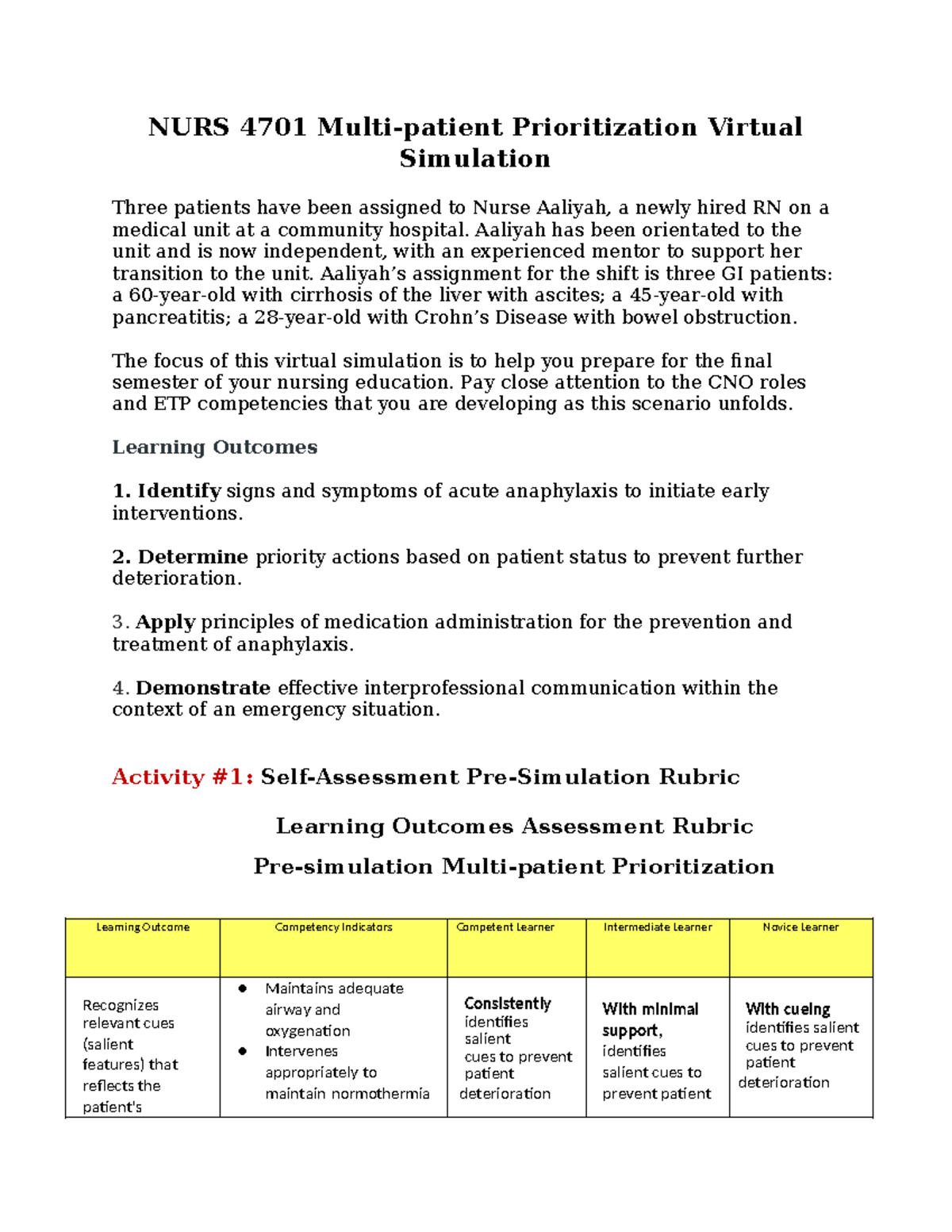 NURS 4700 Multi-patient Prioritization Virtual Simulation - Aaliyah has ...