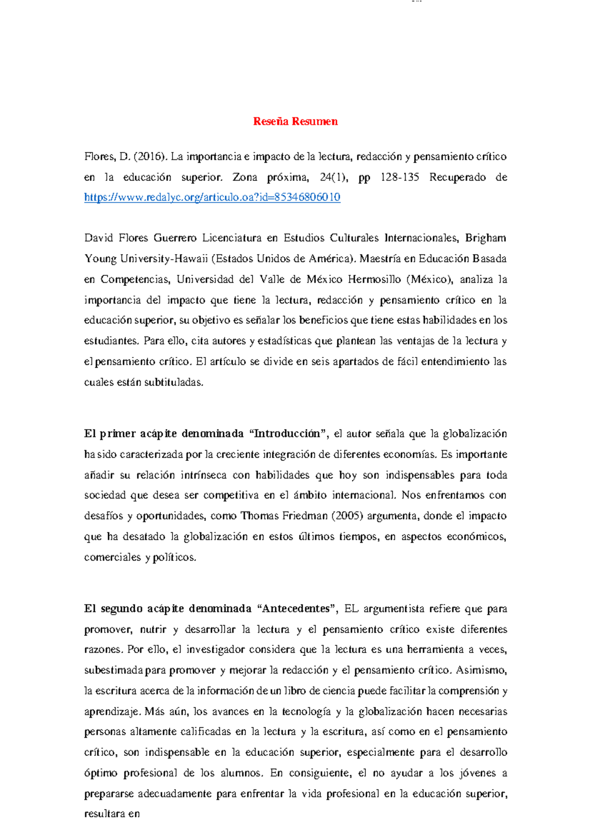 Reseña resumen 4.0 utp (2) (2) - Reseña Resumen Flores, D. (2016). La ...
