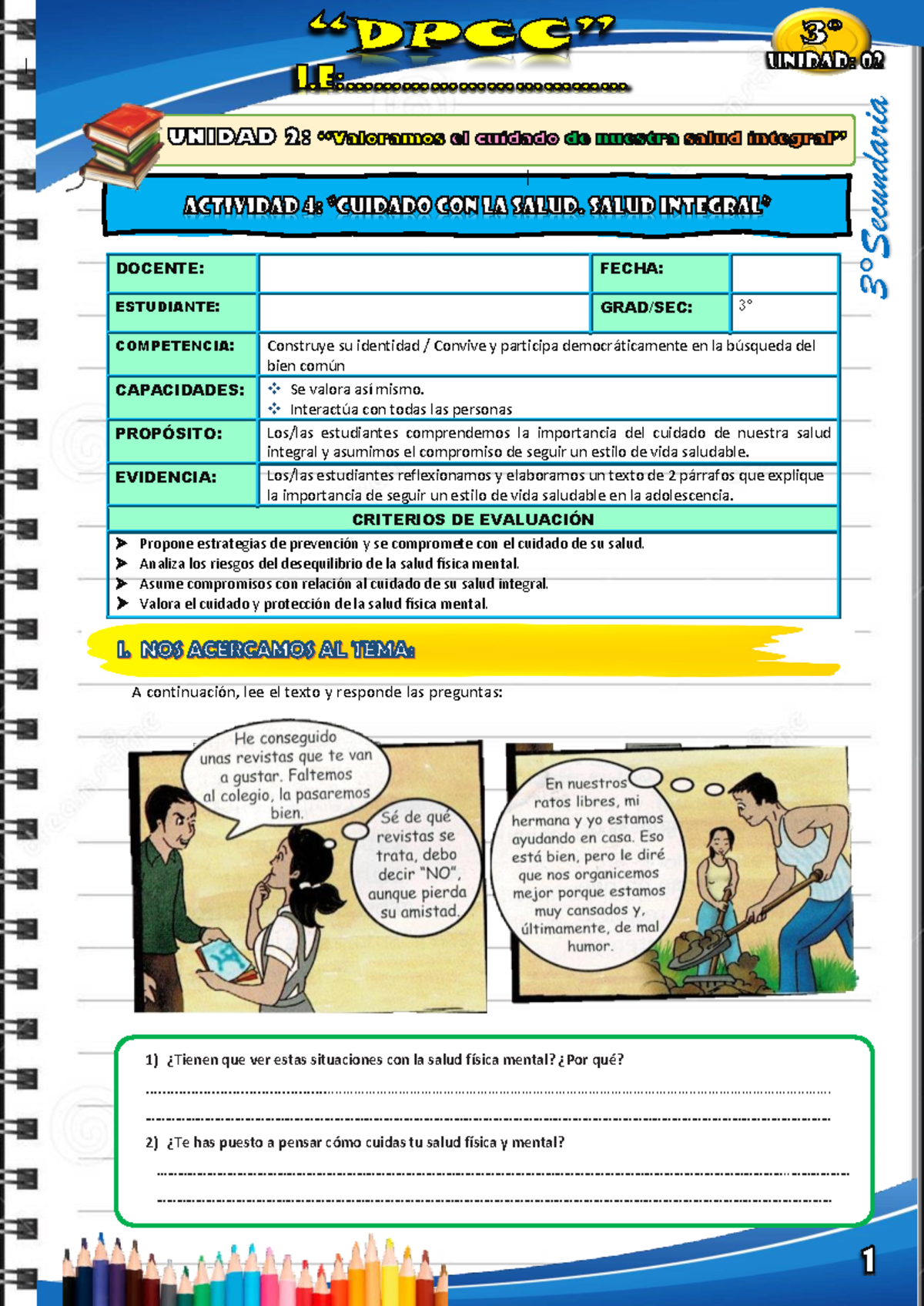 3° DPCC Ficha DE Actividad 4 UNI 2 - 3° Secundaria | A continuación, lee el texto y responde las ...