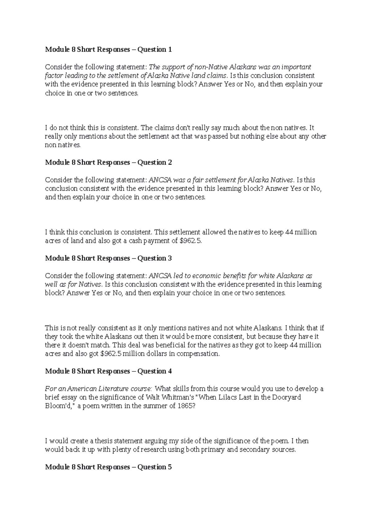 Walter Lawrence HIS 200 Applied History - Module 8 Short Responses ...