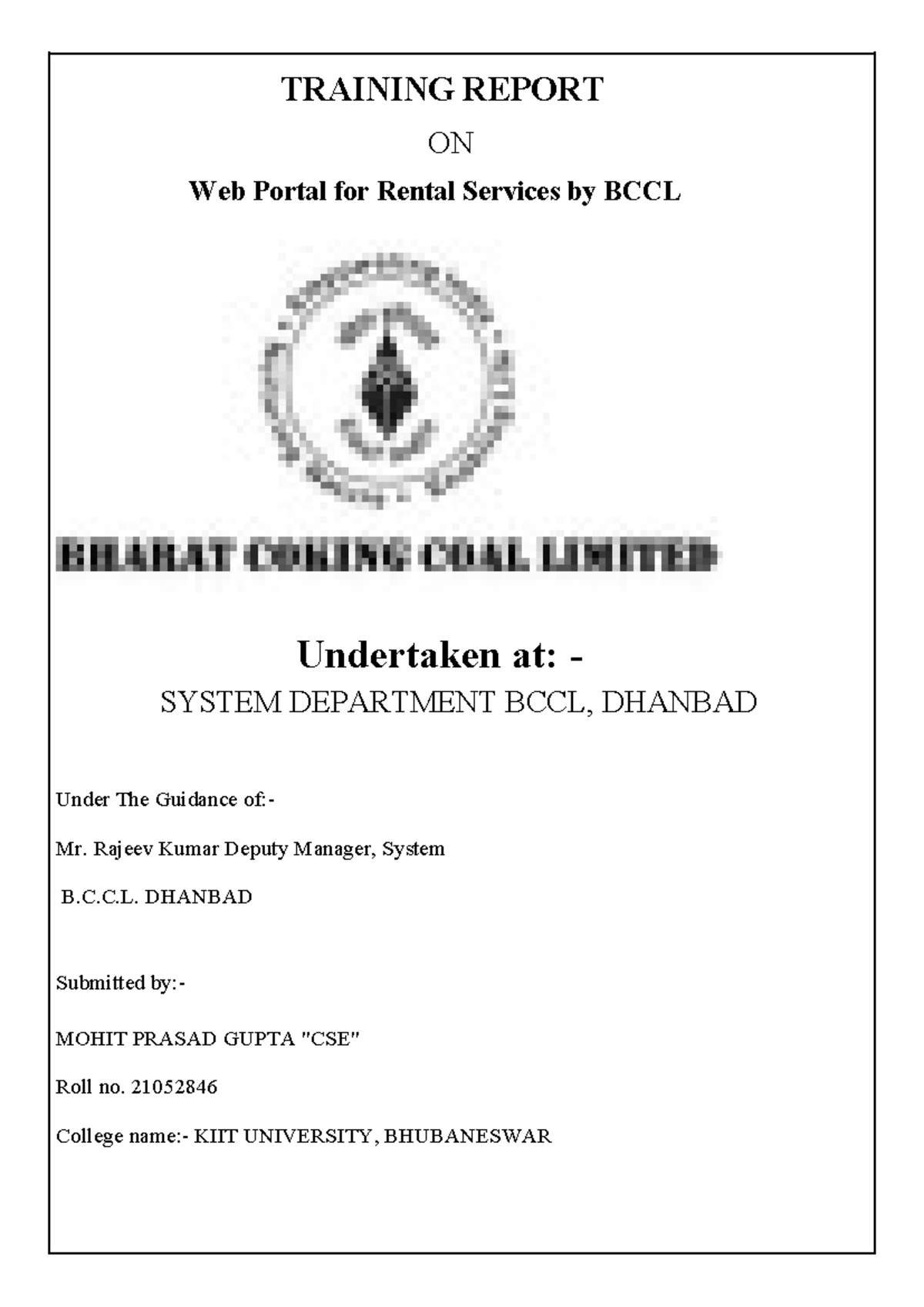 Final projrct on Rental Service BCCL projrct - TRAINING REPORT ON Web ...