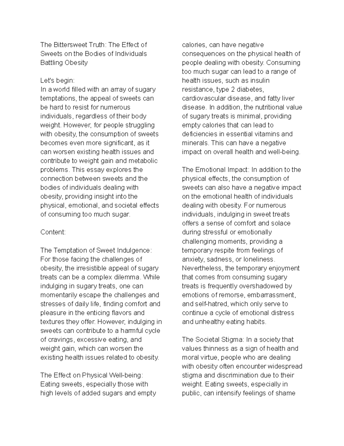 Obesity Story - Essay Writing - The Bittersweet Truth: The Effect of ...