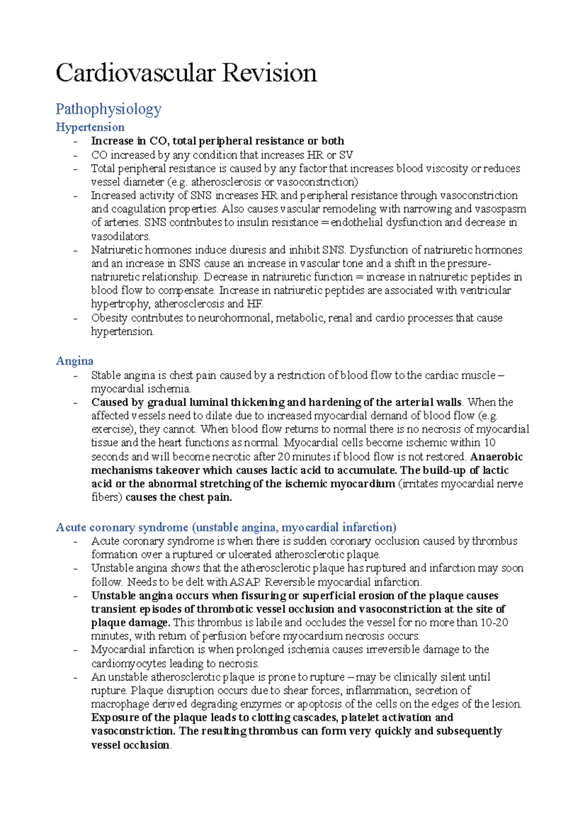 Cardiovascular Revision for nursing - Integrated Nursing - AUT - Studocu
