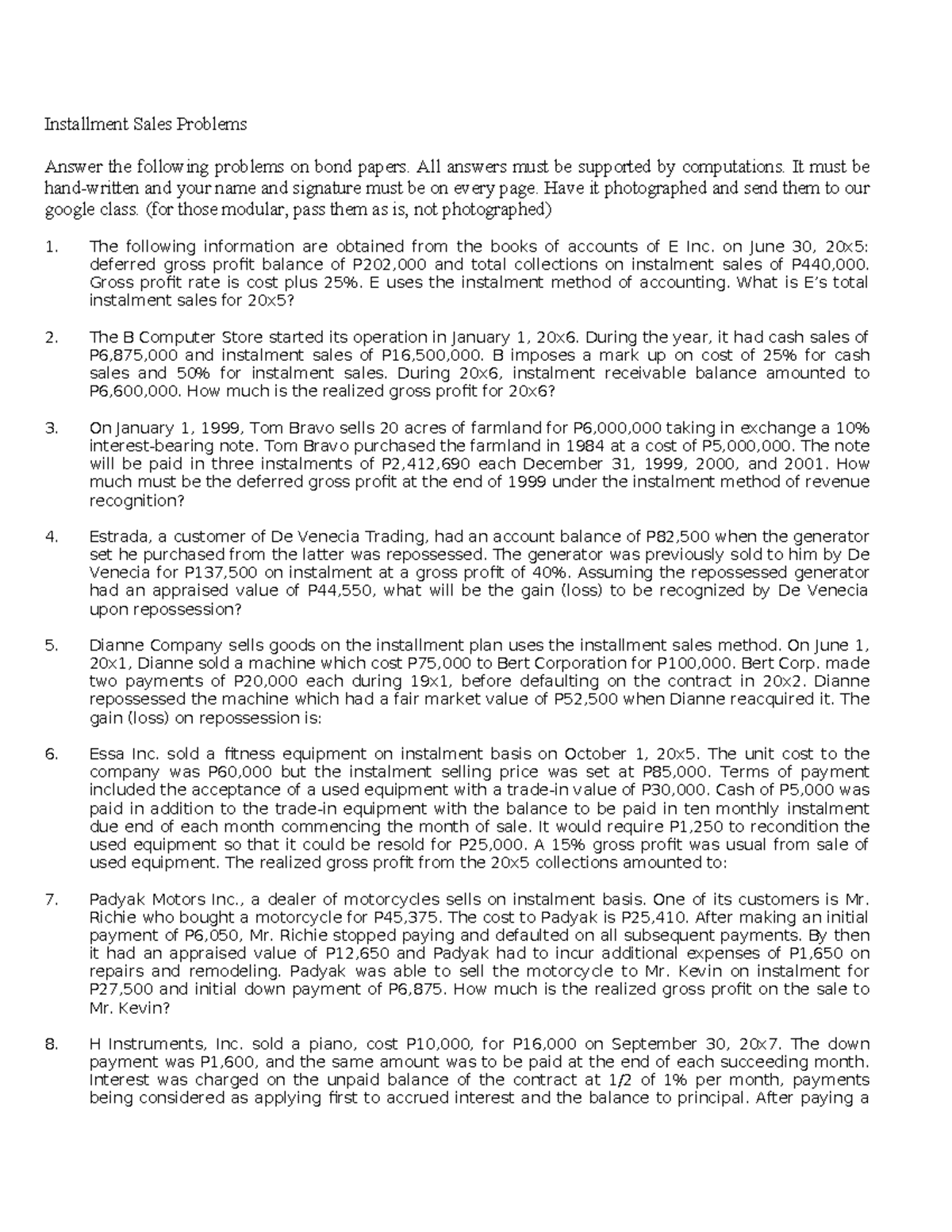 Installment-Sales-Problems - Installment Sales Problems Answer the following problems on bond ...