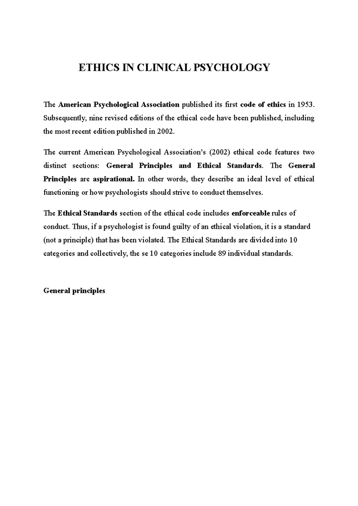 Ethics IN Clinical Psychology - ETHICS IN CLINICAL PSYCHOLOGY The ...