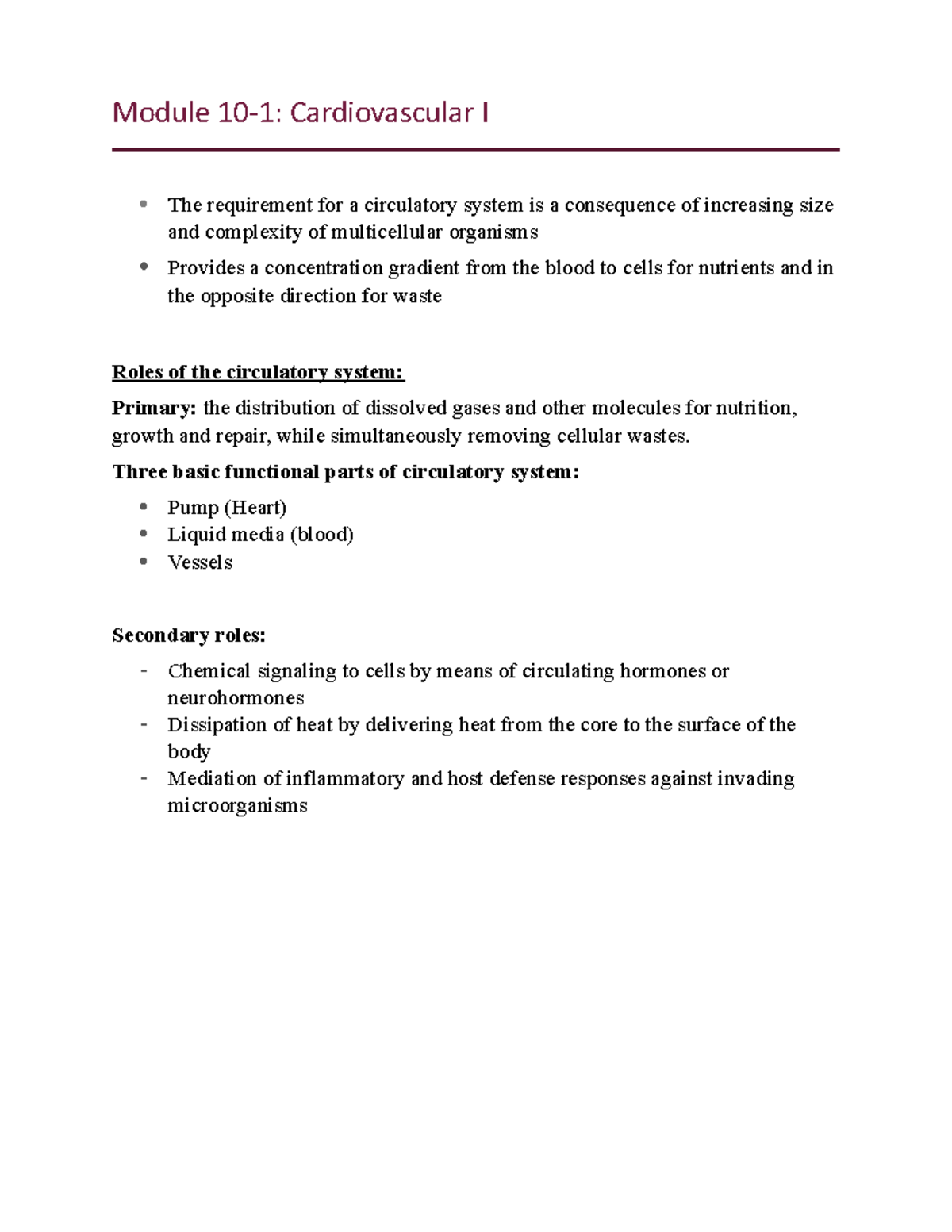 BMSC 207 Module 10 - Cardiovascular I - Module 10-1: Cardiovascular I The requirement for a ...