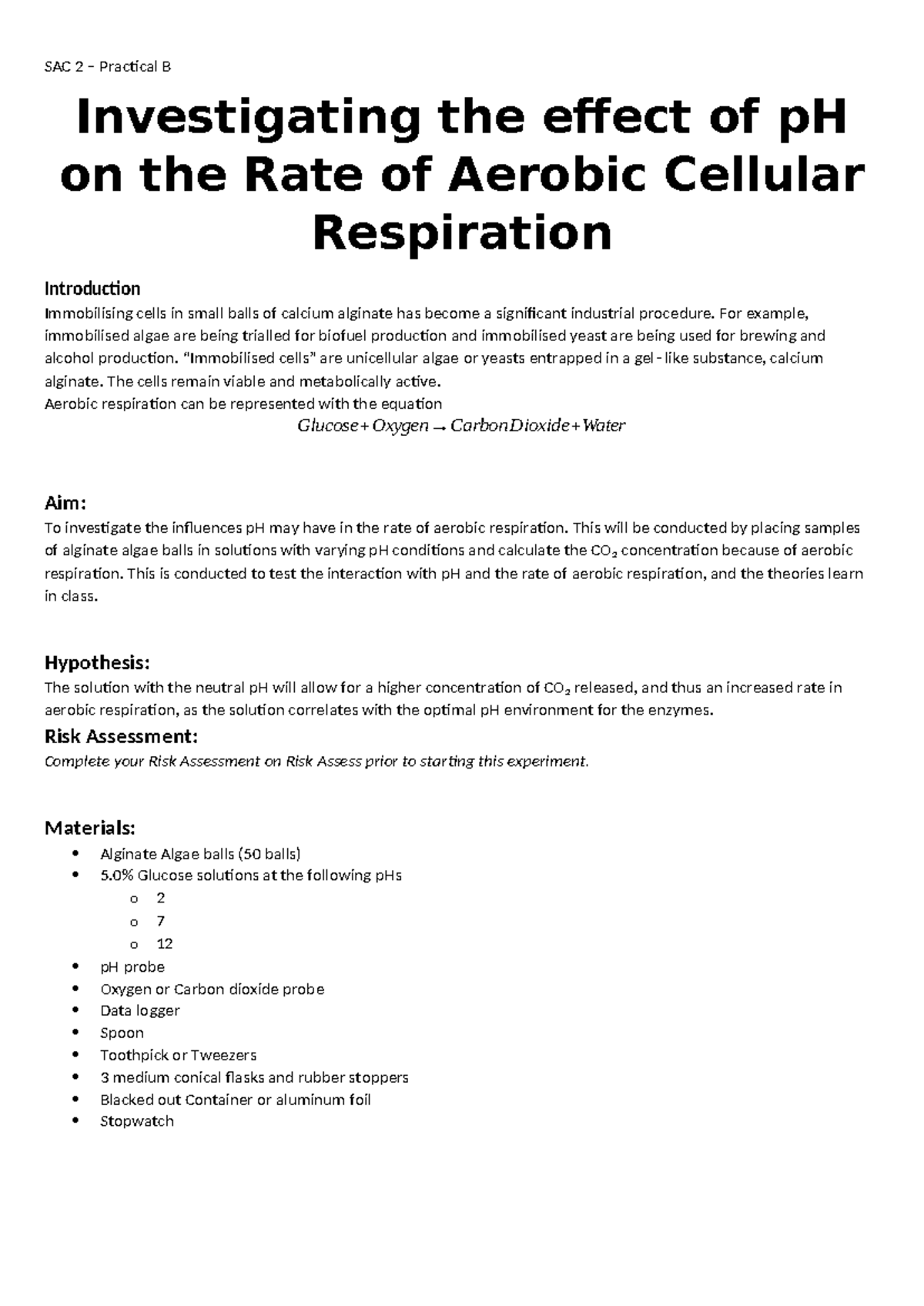 SAC 2 - Practical B (Effect of p H on the Rate of Aerobic Respiration ...