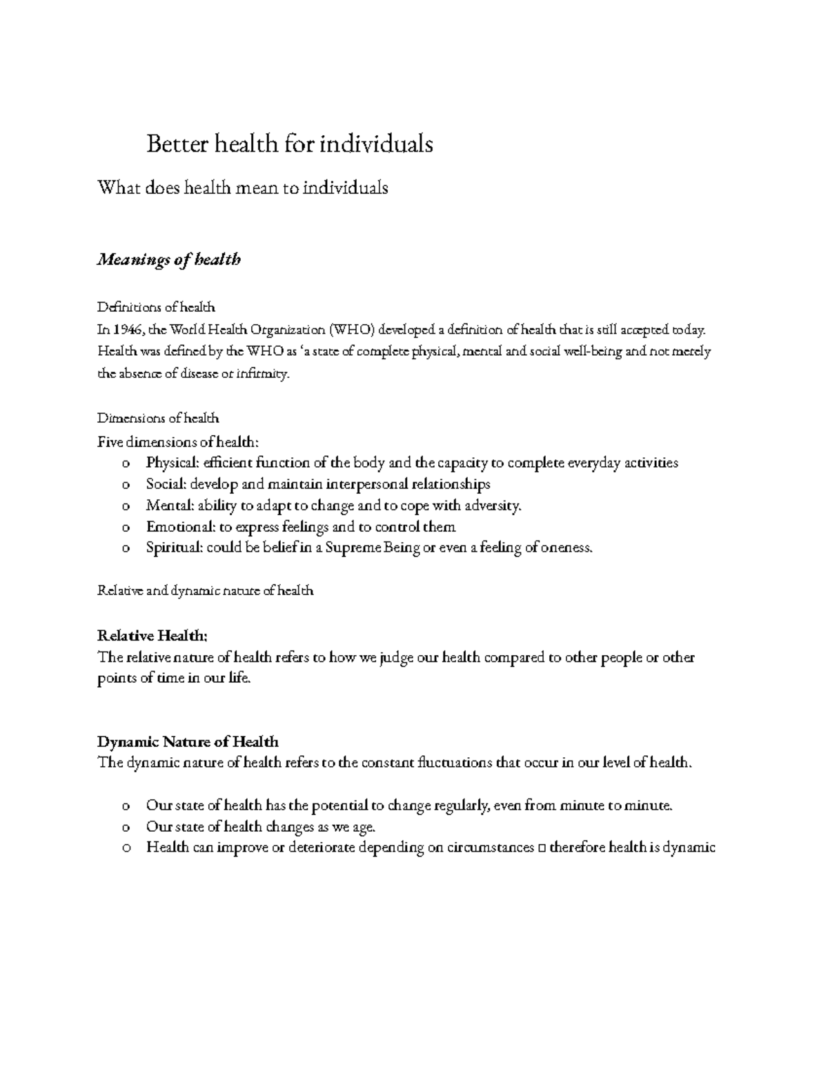 Pdhpe Revision Notes - Better health for individuals What does health ...