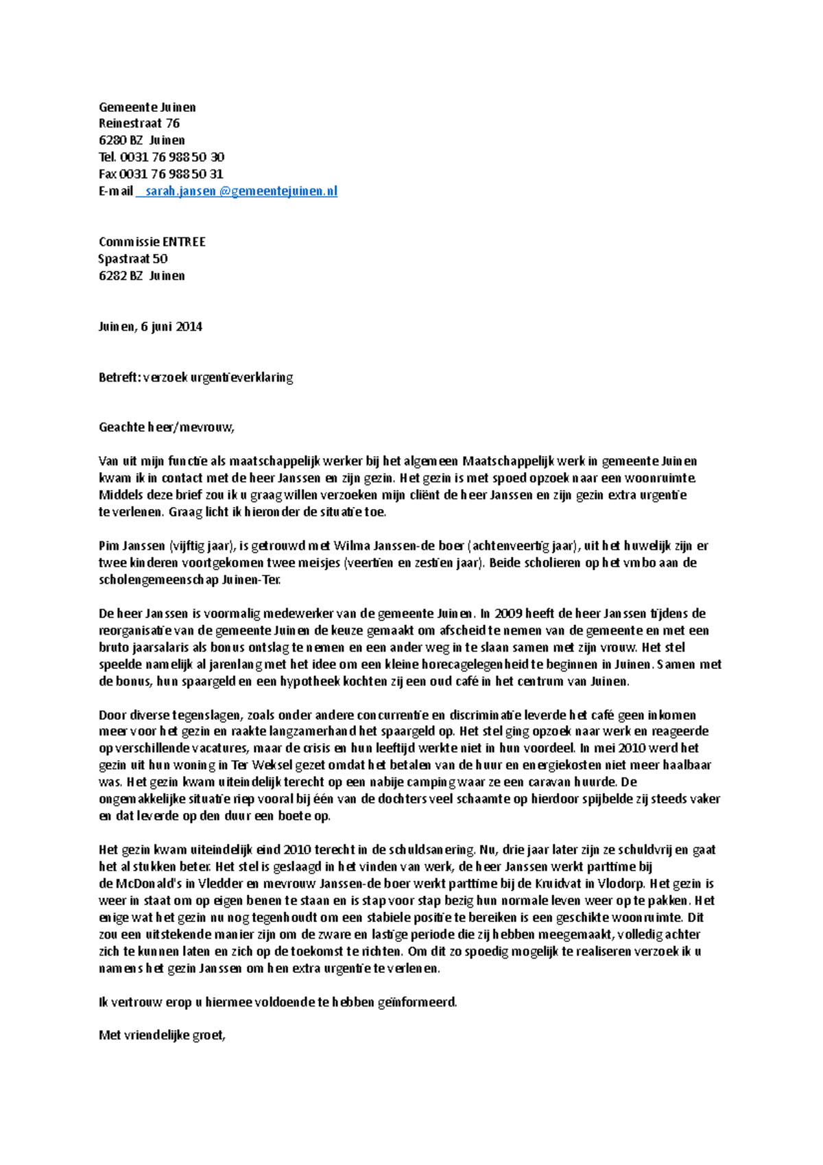 Nederlands correspondentie verzoekbrief - Gemeente Juinen Reinestraat ...