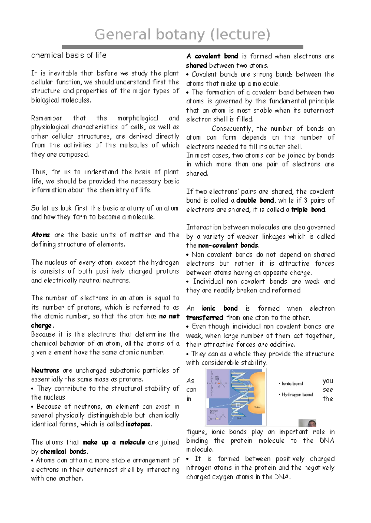 Bio-2 - NOTES FOR BOTANY - chemical basis of life It is inevitable that ...
