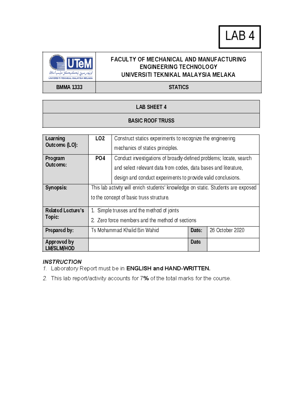 Lab 4 Basic ROOF Truss updated sem 2 2324 - FACULTY OF MECHANICAL AND MANUFACTURING ENGINEERING ...