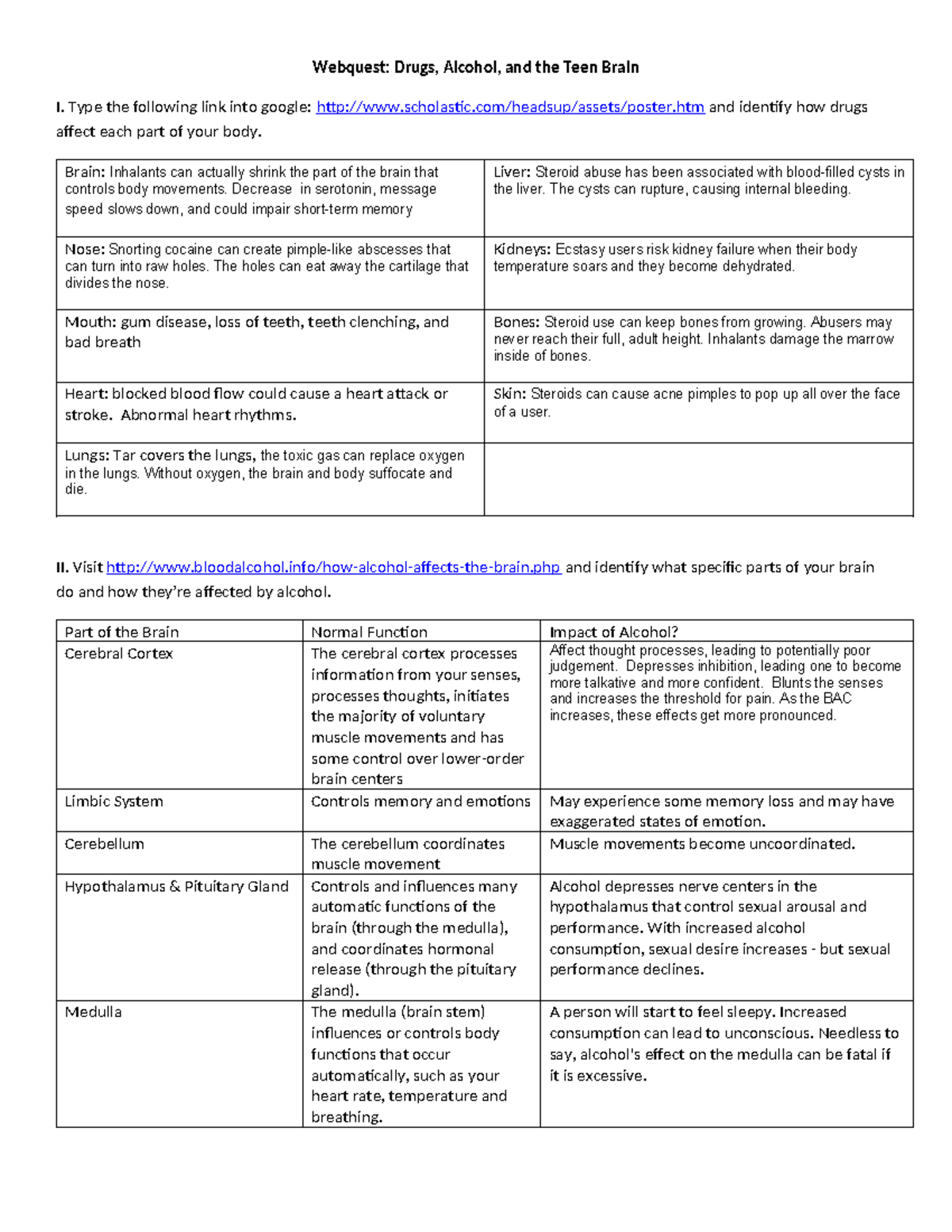 Drug Webquest answer key - Webquest: Drugs, Alcohol, and the Teen Brain ...