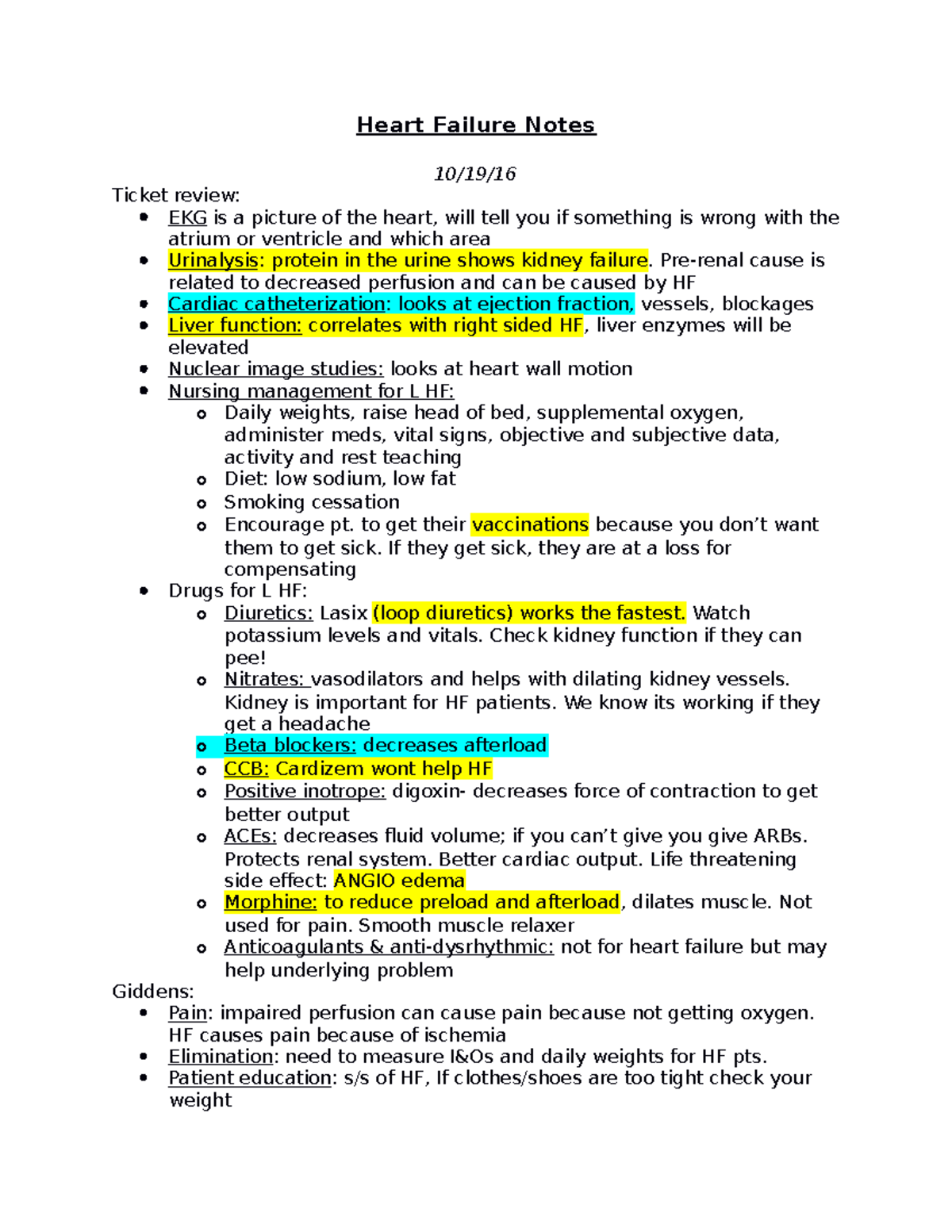 Cardiac nursing - Heart Failure Notes 10/19/ Ticket review: EKG is a ...