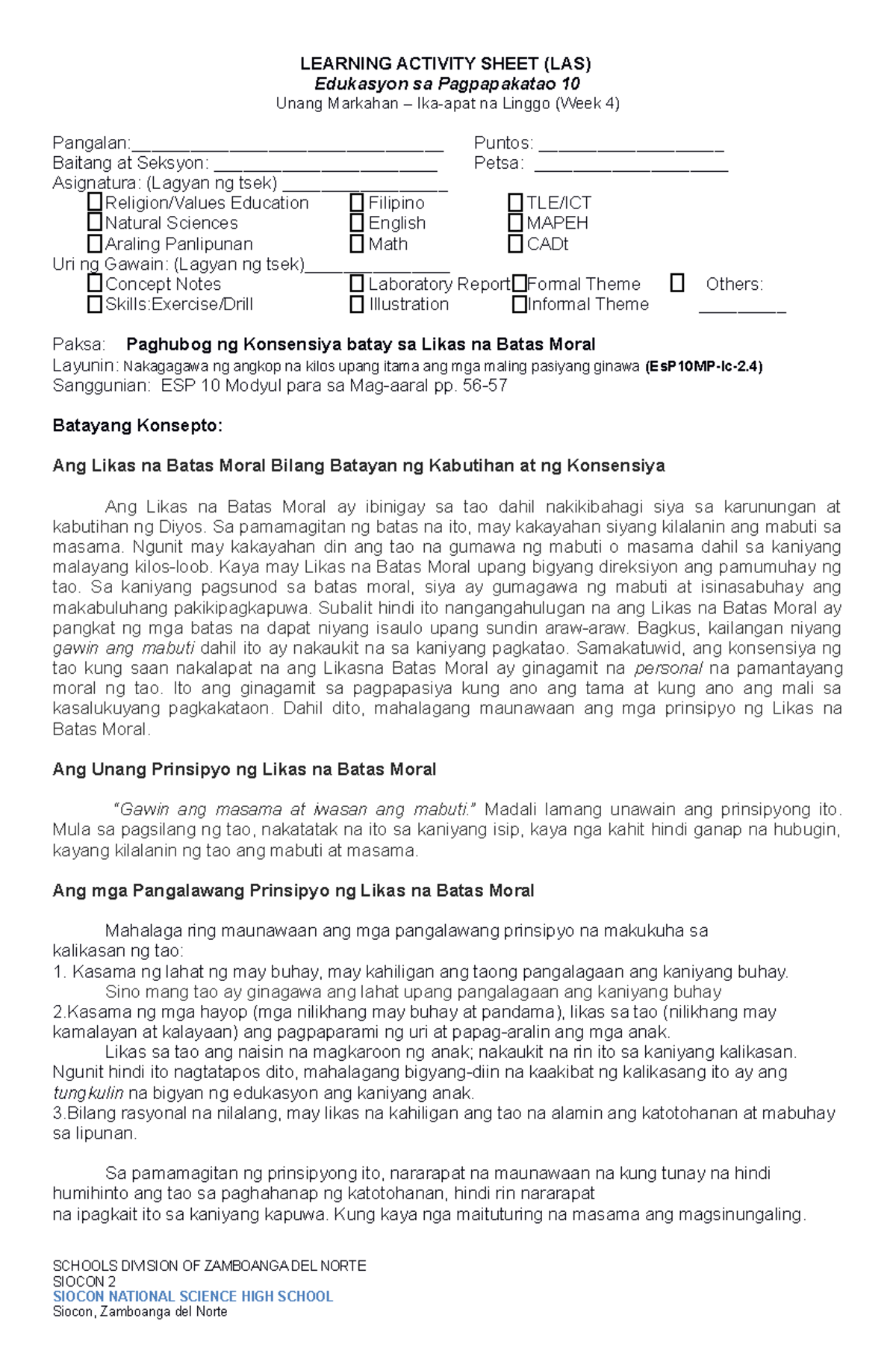 LAS 4 likas na batas moral - LEARNING ACTIVITY SHEET (LAS) Edukasyon sa ...