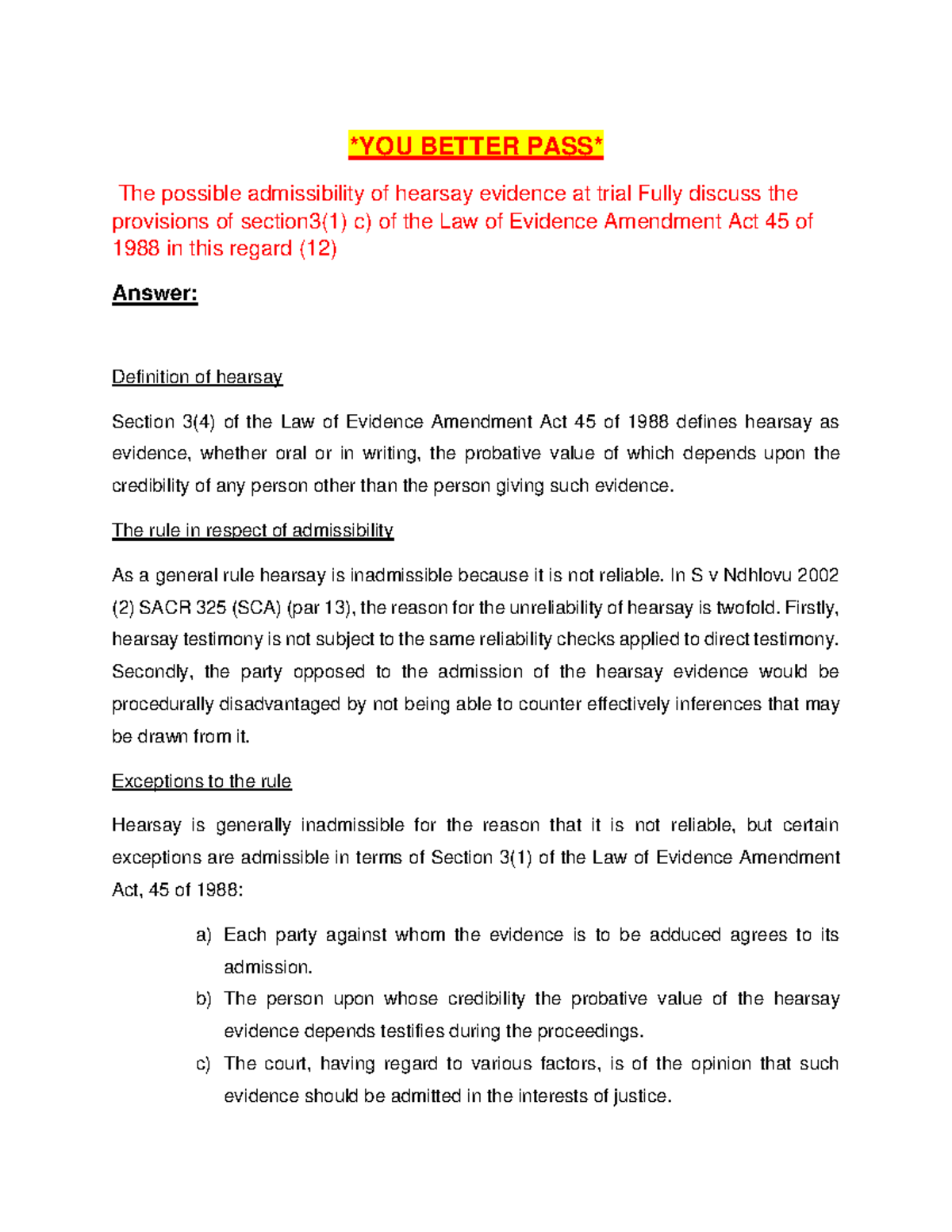 LEV EXAM Approach - Book - YOU BETTER PASS The possible admissibility ...