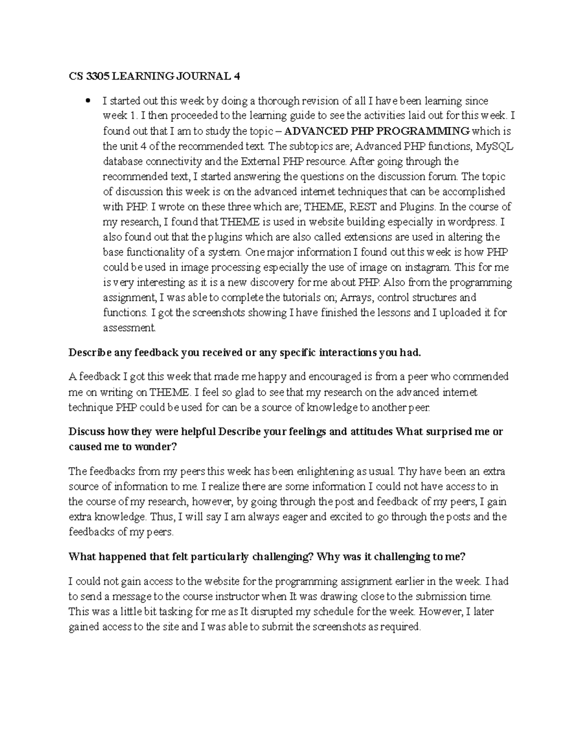 CS 3305 Learning Journal 4 - CS 3305 LEARNING JOURNAL 4 I started out this week by doing a - Studocu