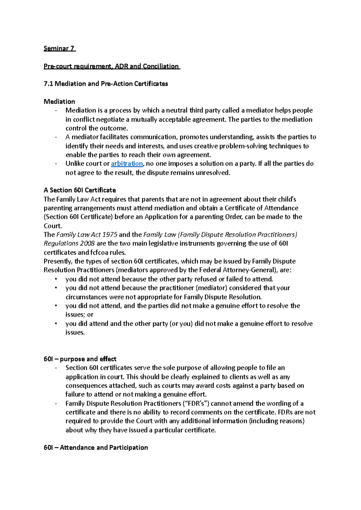 Seminar 7 - FDR - FDR notes - Seminar 7 Pre-court requirement, ADR and ...
