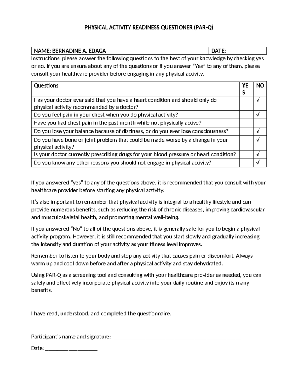 Physical Activity Readiness Questioner - PHYSICAL ACTIVITY READINESS ...