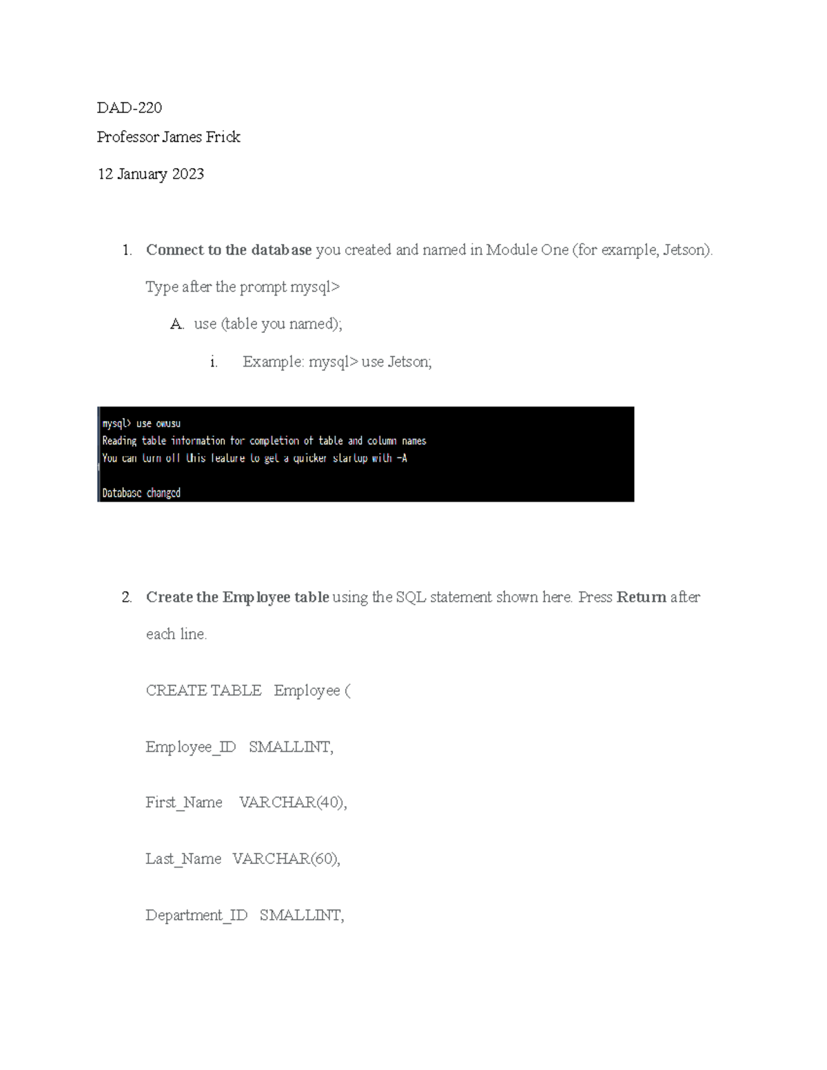 Emma 2-4 Lab - module 2 lab - DAD- Professor James Frick 12 January 2023 Connect to the database ...