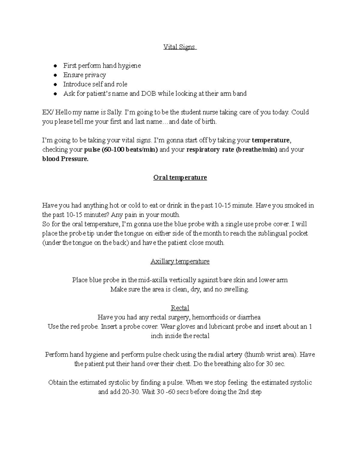 HA Vital Sign Test-Out - Vital Signs First perform hand hygiene Ensure ...