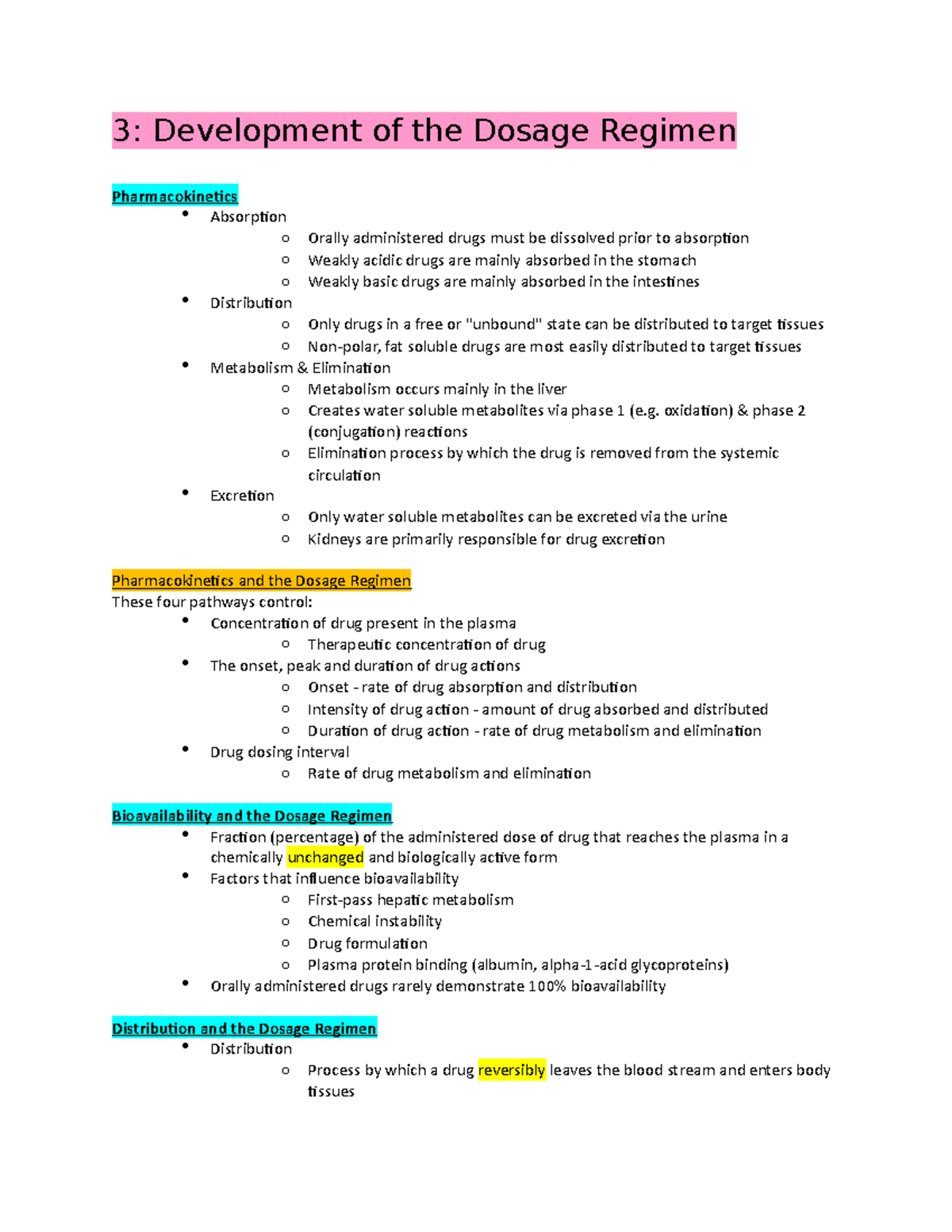 Lecture 3 Notes - 3: Development of the Dosage Regimen Pharmacokinetics ...